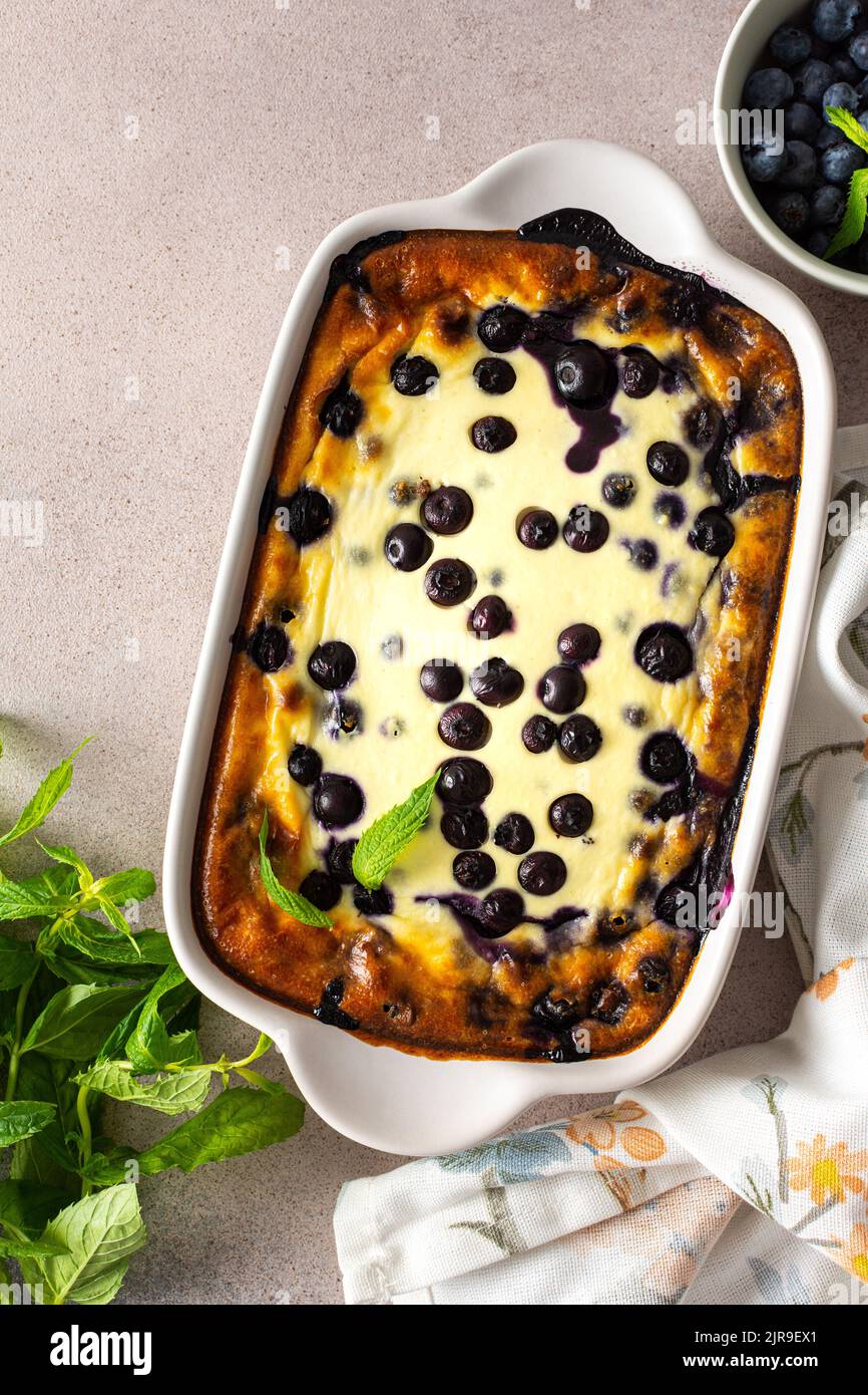 Delicious sweet cheesecake with blueberries in an oval dish, top view ...