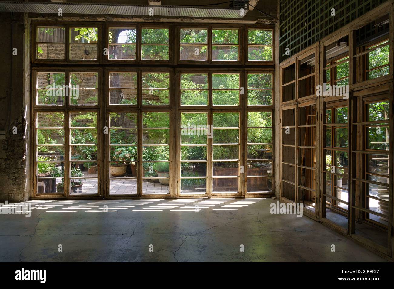Big wooden frame of panoramic window of cottage house overlooking ...