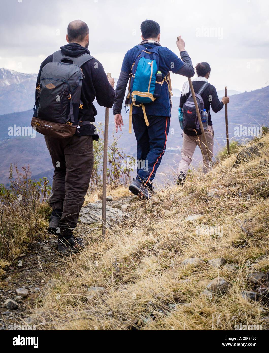 February 9th 2021 Uttarakhand INDIA. Hikers with backpacks and walking ...