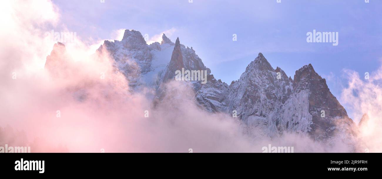 Fantastic snow mountains landscape banner background. Colorful pink and ...