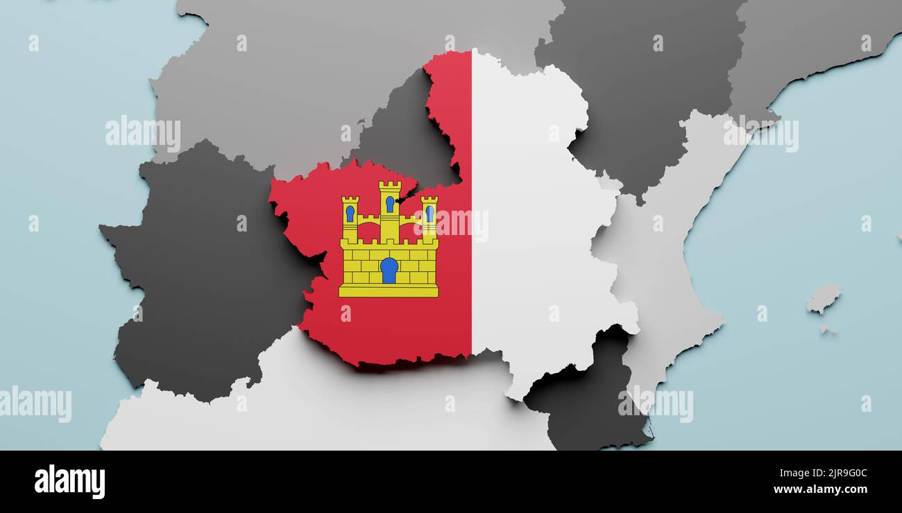 3d rendering of a Castilla La Mancha Spanish Community flag and map ...