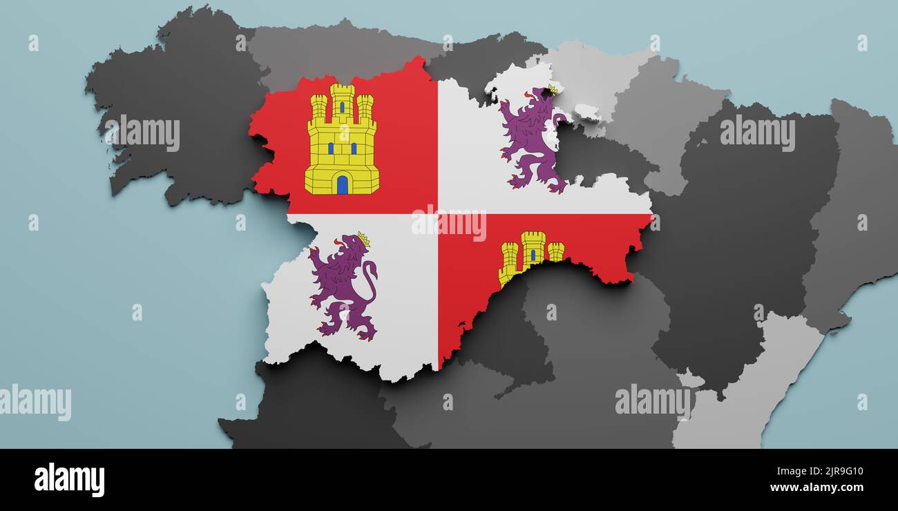 3d rendering of a Castilla Leon Spanish Community flag and map Stock ...