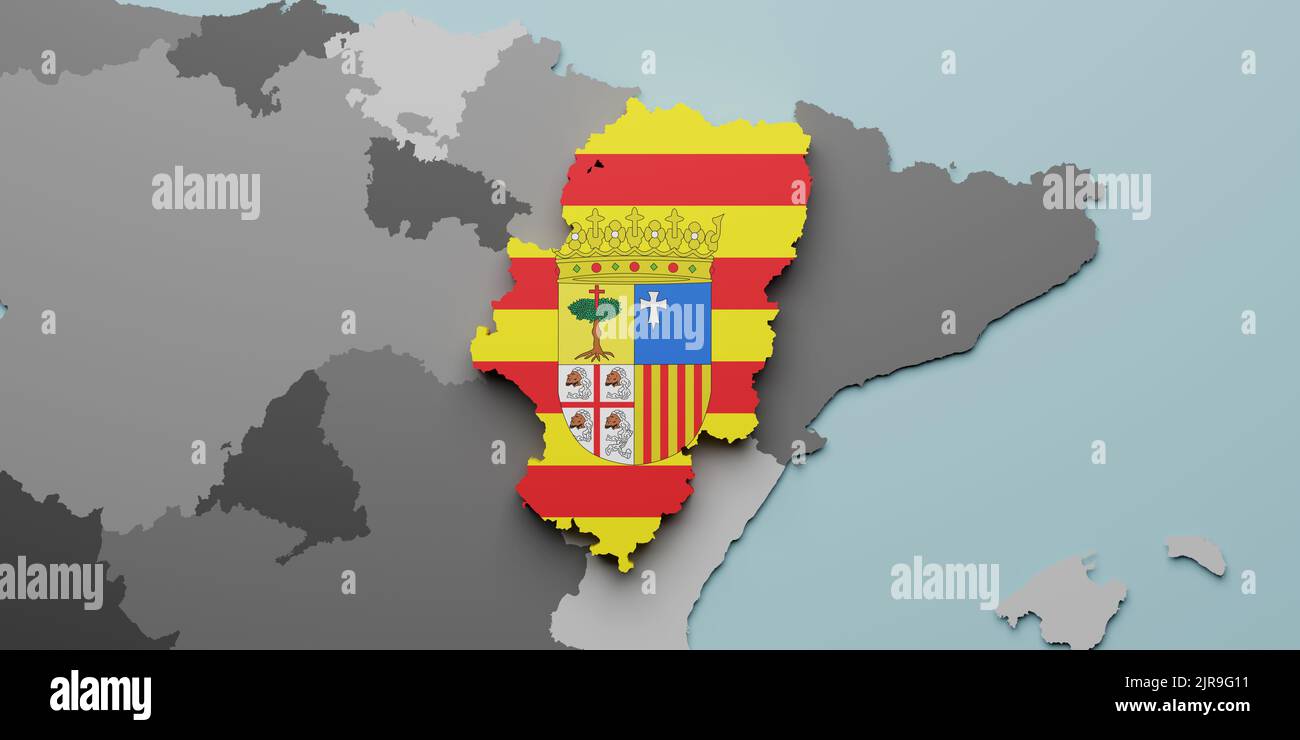 3d rendering of an Aragon Spanish Community flag and map Stock Photo ...