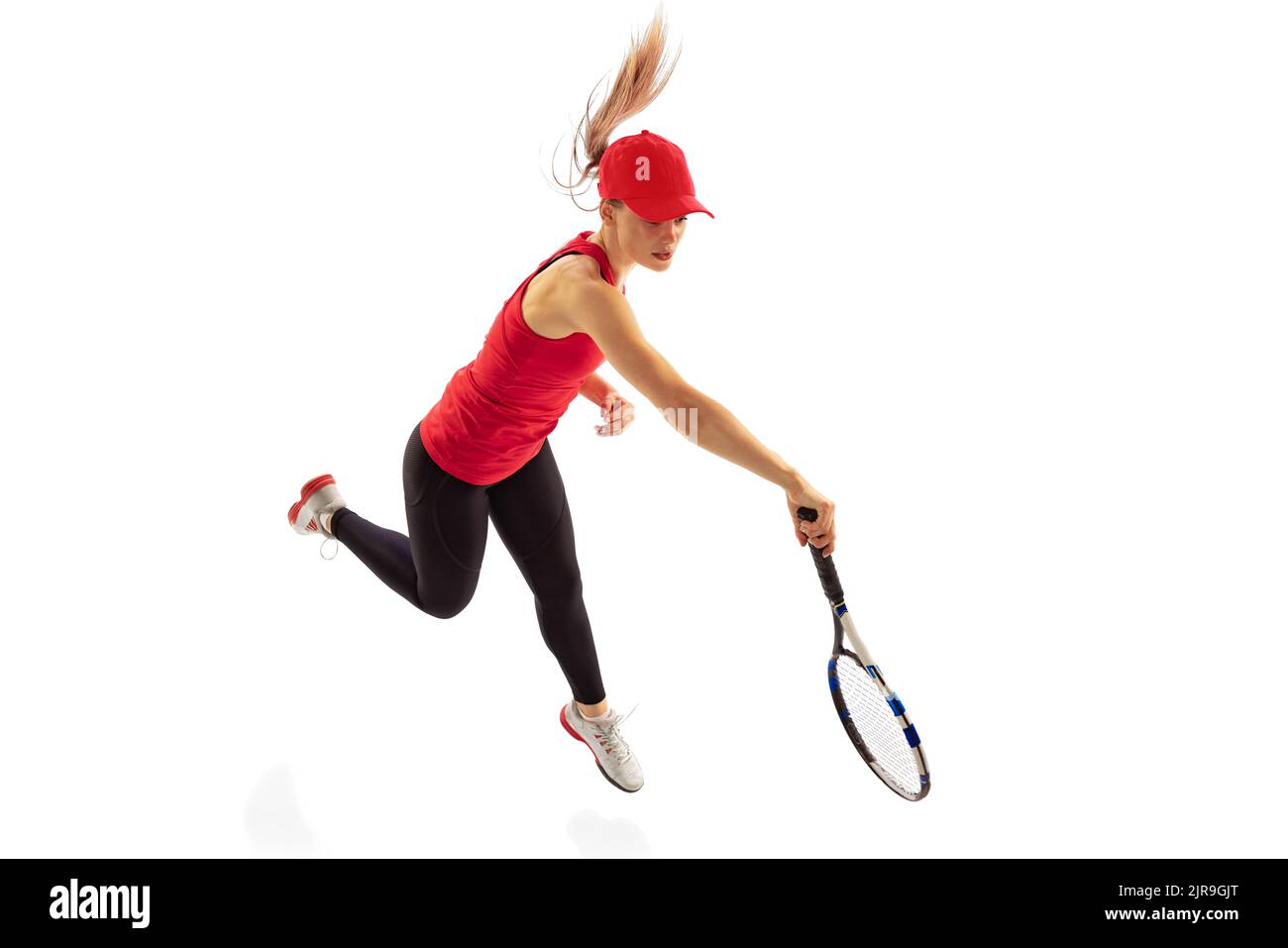 Aerial view. Training of female tennis player practicing power serving ...