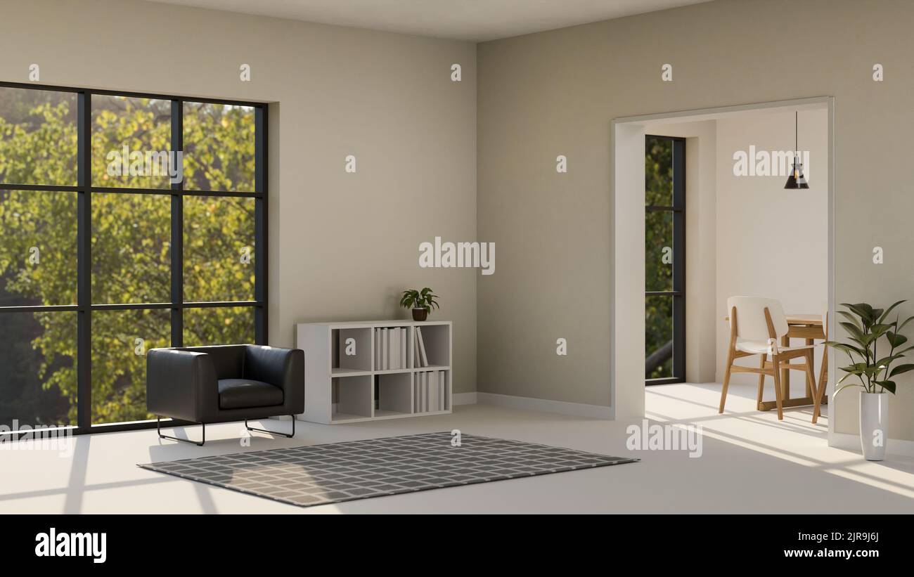 Modern contemporary living room with path to the dining room interior ...