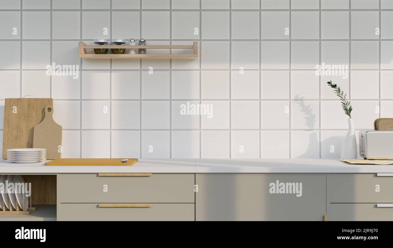 Copy space for product display on a modern minimal kitchen countertop ...