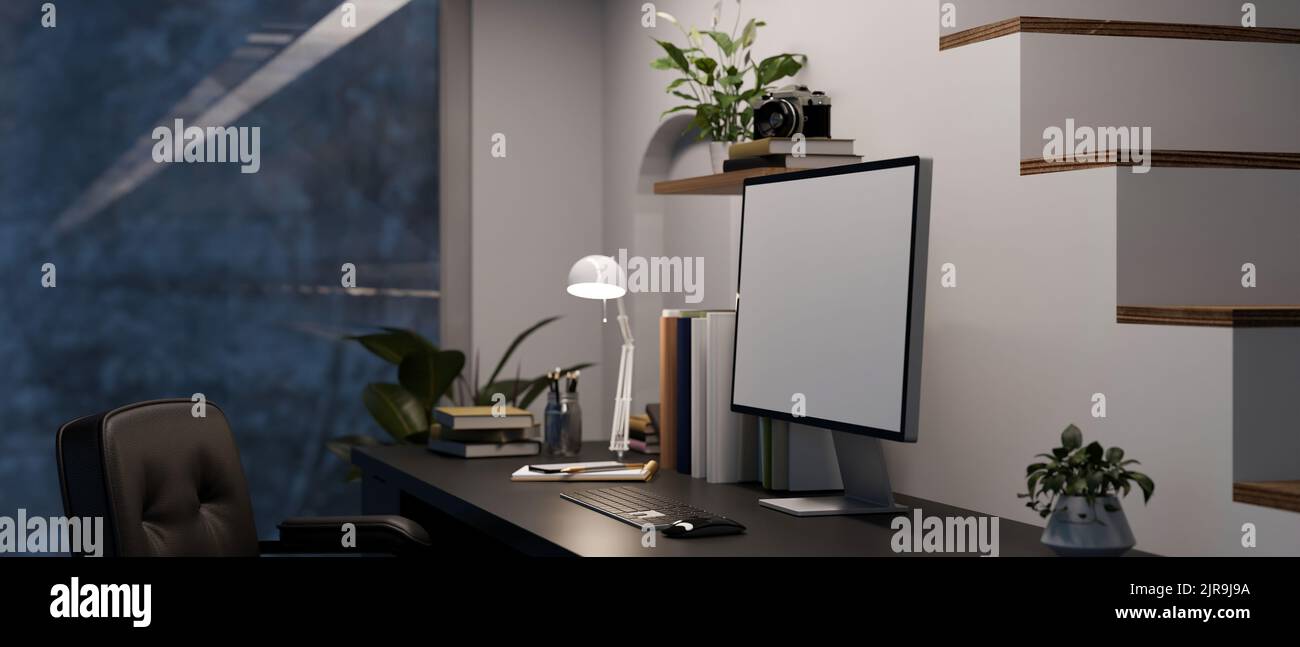 Minimal home computer desk workstation by the staircase with computer ...