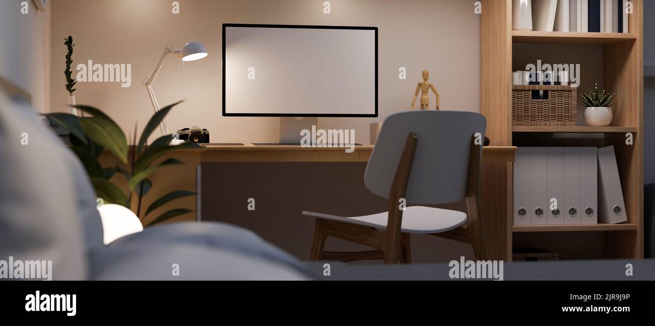 Minimal comfortable home working space in bedroom interior design with ...