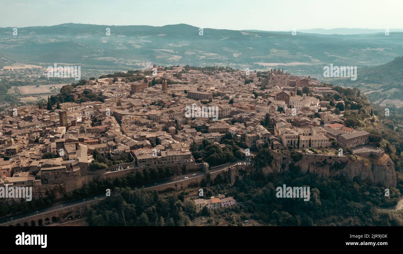 View from above of an italian city called Gubbio built on top of a hill ...