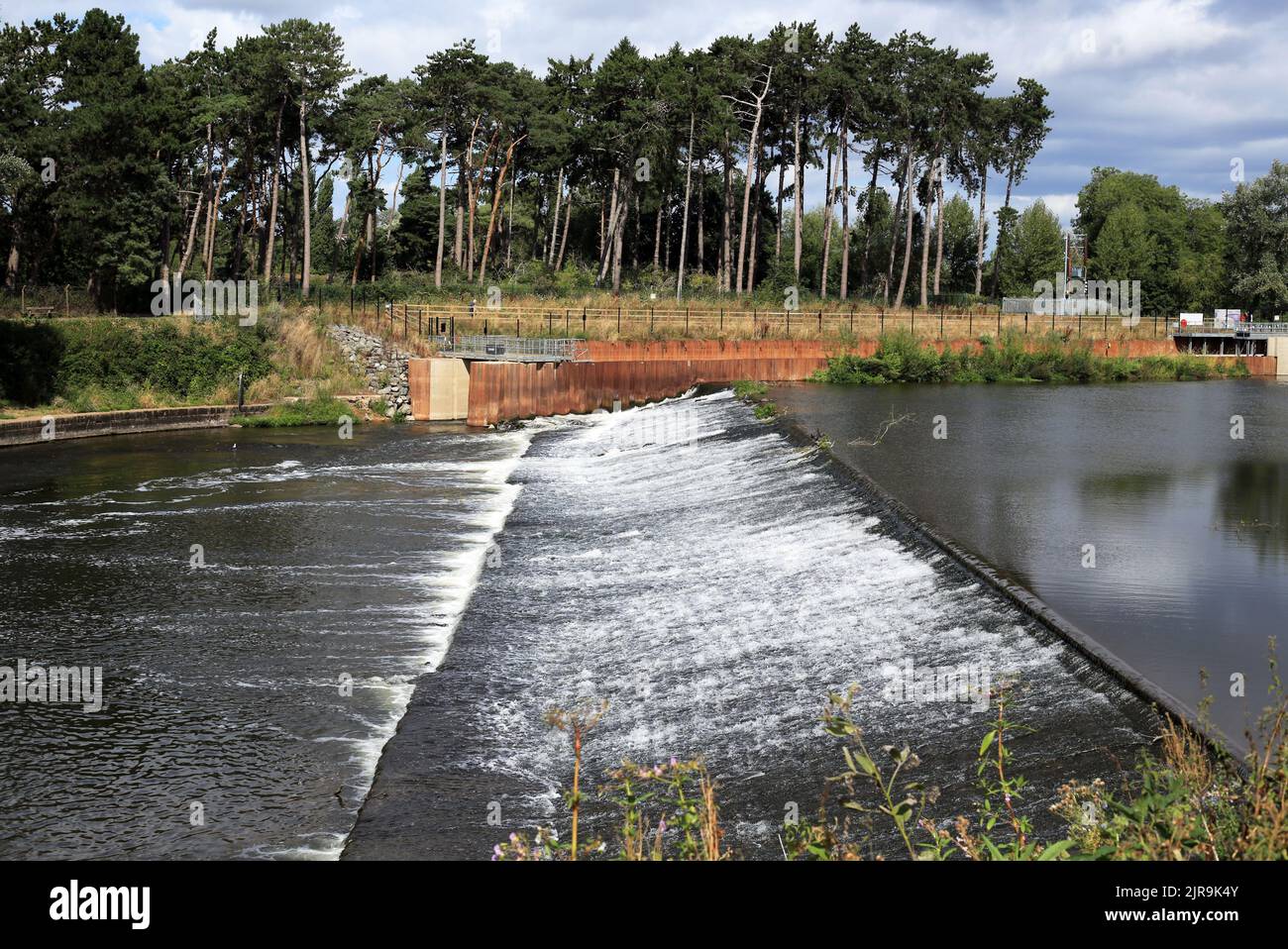 View from Diglis island showing Diglis weir and fish pass on the river ...