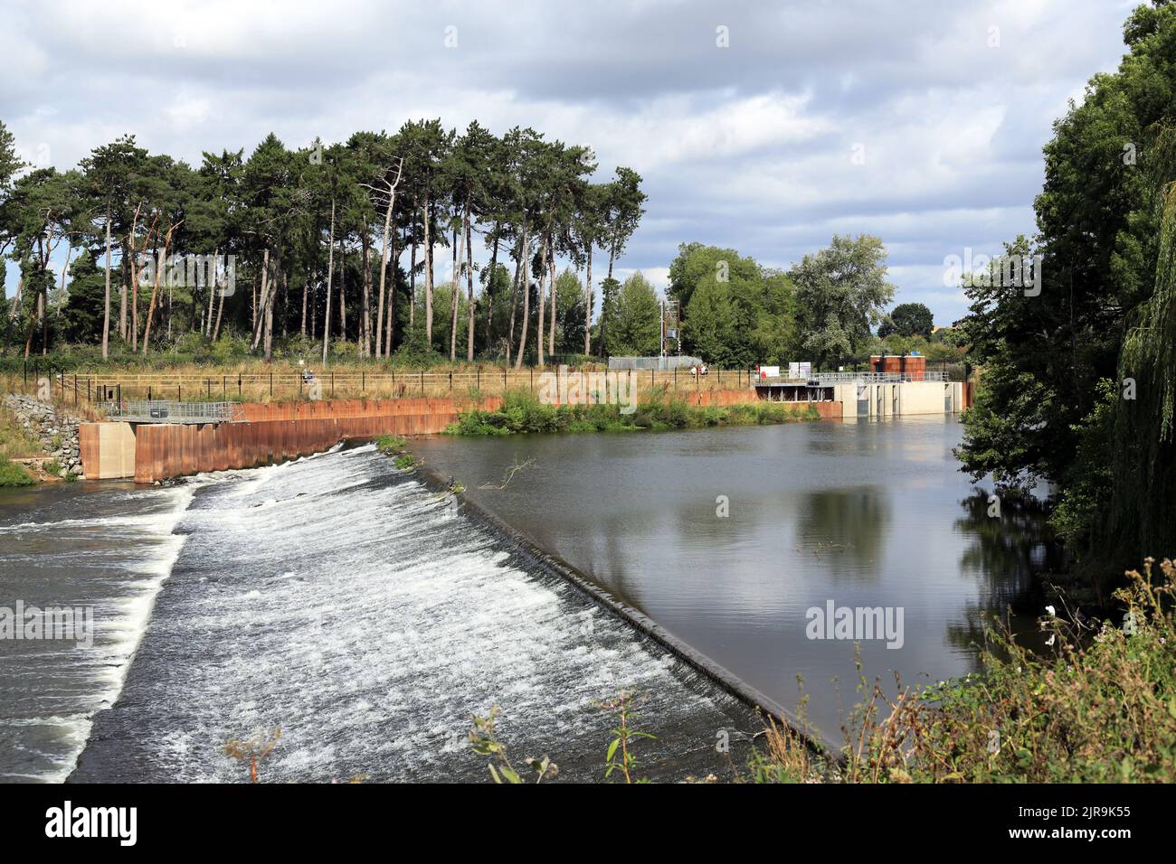 View from Diglis island showing Diglis weir and fish pass on the river ...