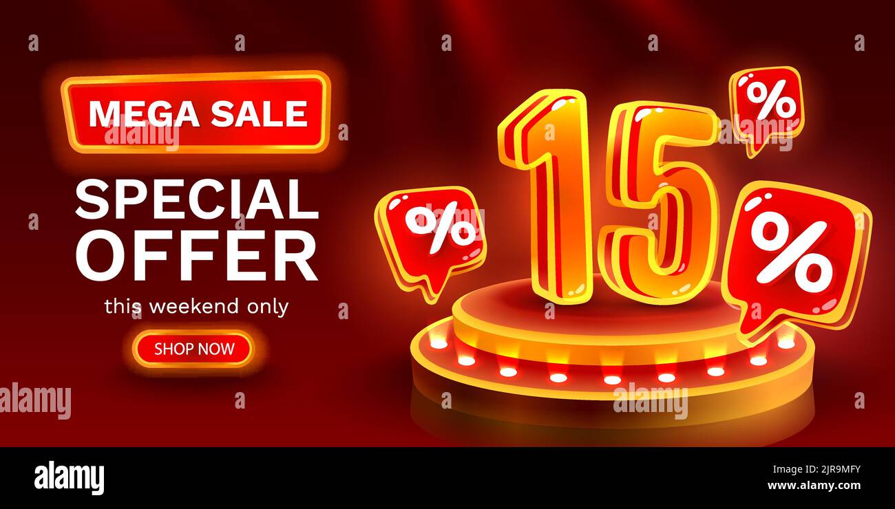 Mega sale special offer, Neon 15 off sale banner. Sign board promotion ...
