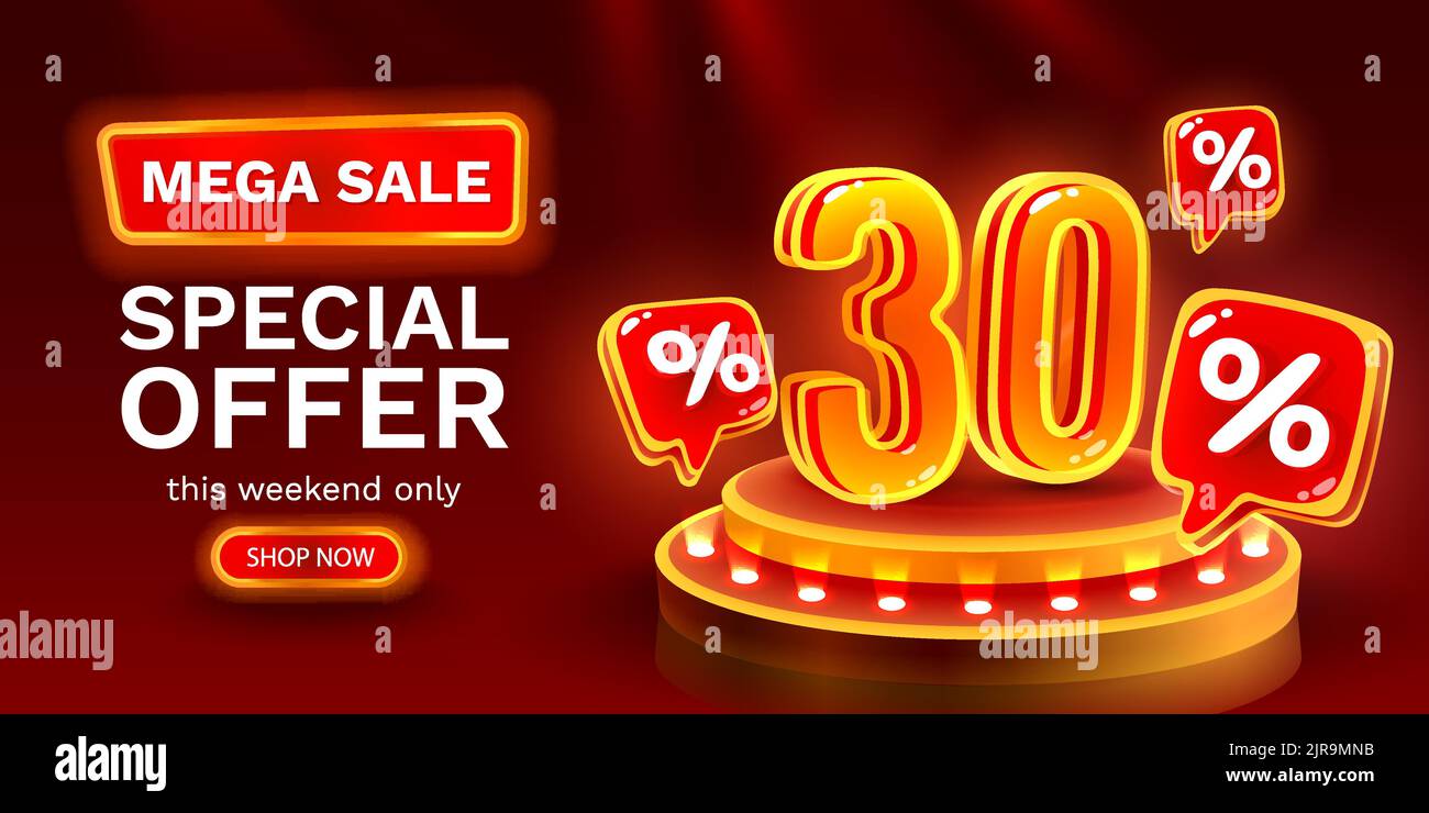 Mega sale special offer, Neon 30 off sale banner. Sign board promotion ...