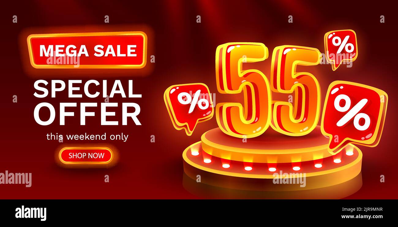Mega sale special offer, Neon 55 off sale banner. Sign board promotion ...
