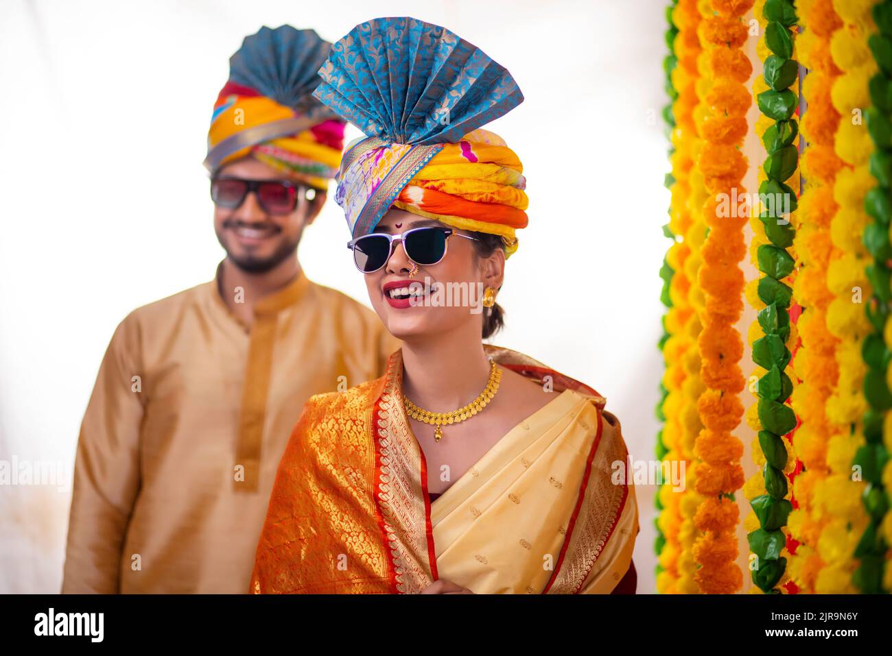 Portrait of a Maharashtrian couple with turban and sunglass Stock Photo ...