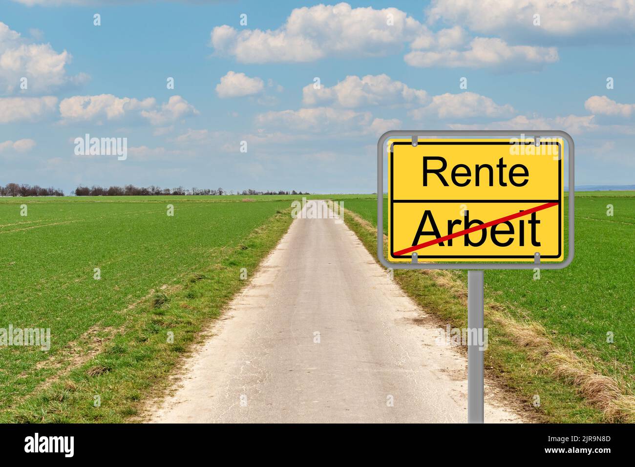The German word job crossed out with the word pension, indicating the ...