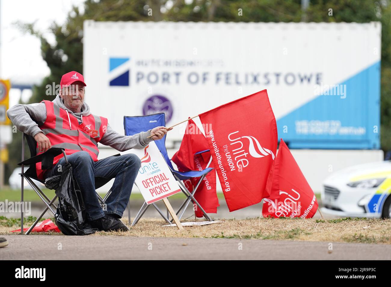Members of the Unite union man a picket line at one of the entrances to ...