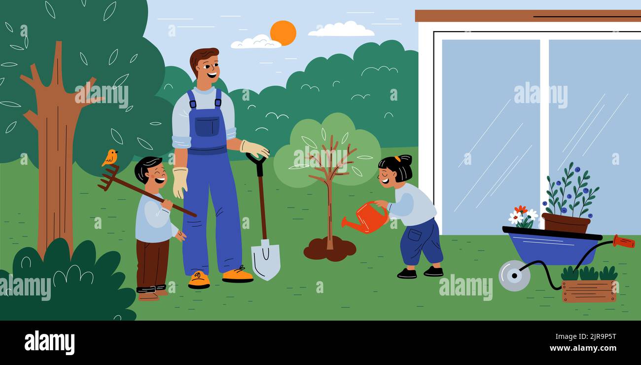 Children and parent planting. Father with kids gardening. Happy ...