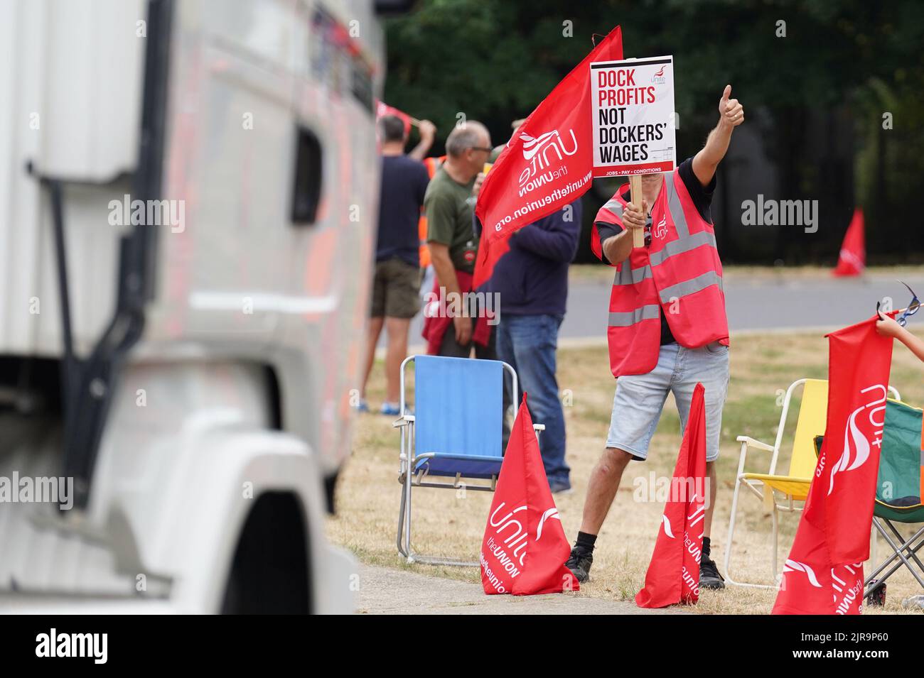 Members of the Unite union man a picket line at one of the entrances to ...