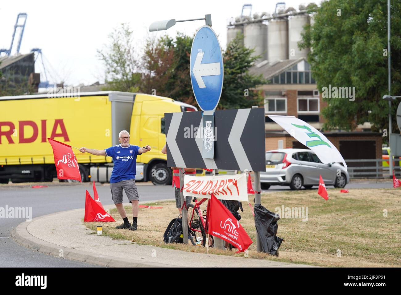 Members of the Unite union man a picket line at one of the entrances to ...