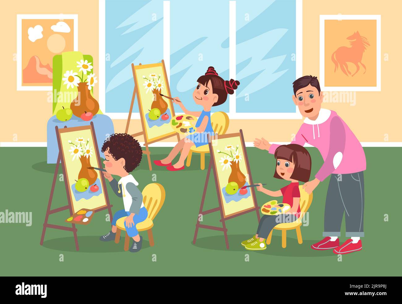 Children painting with teacher. Little students in art class. Kids ...