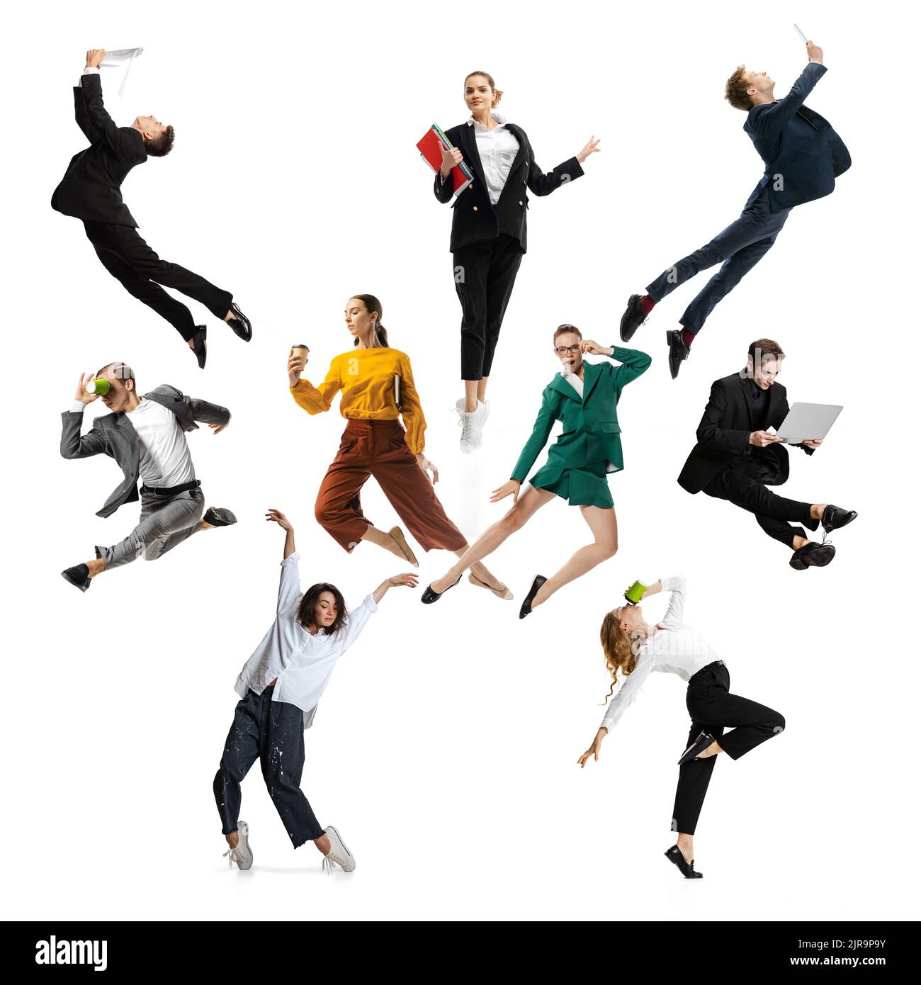 Group of young people, office workers jumping and dancing in casual ...