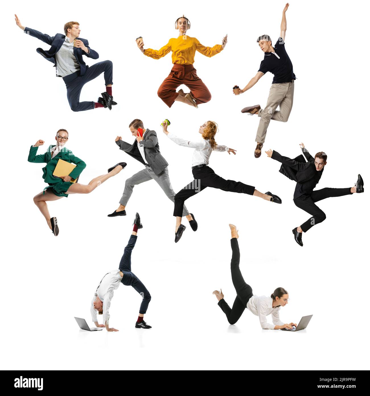 Group of young people, office workers jumping and dancing in casual ...