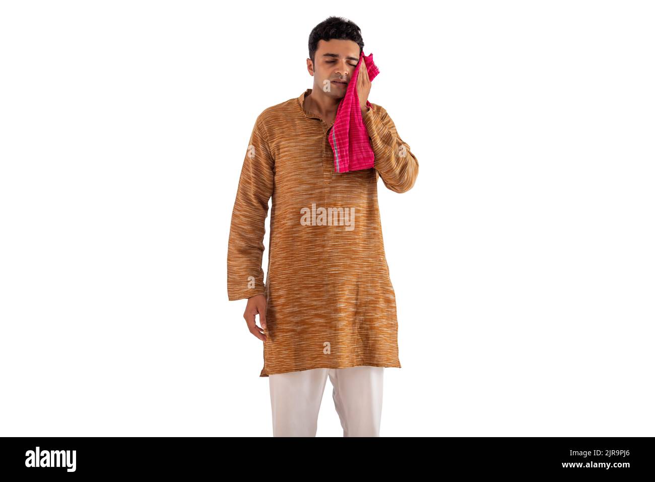 Portrait of tired man wiping off sweat with towel Stock Photo - Alamy