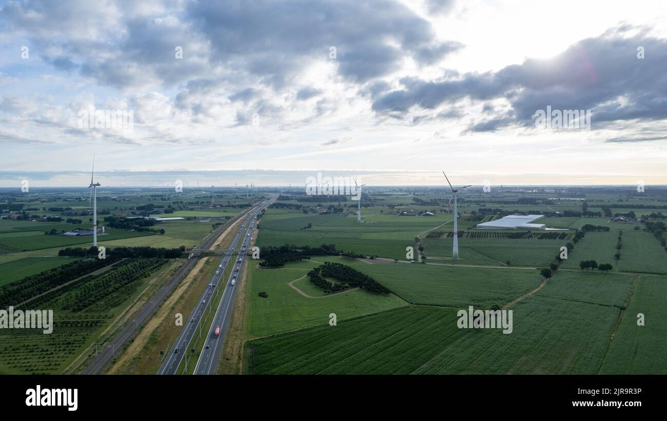Brecht, Belgium, 6th of July, 2022, Panoramic aerial drone view of wind ...