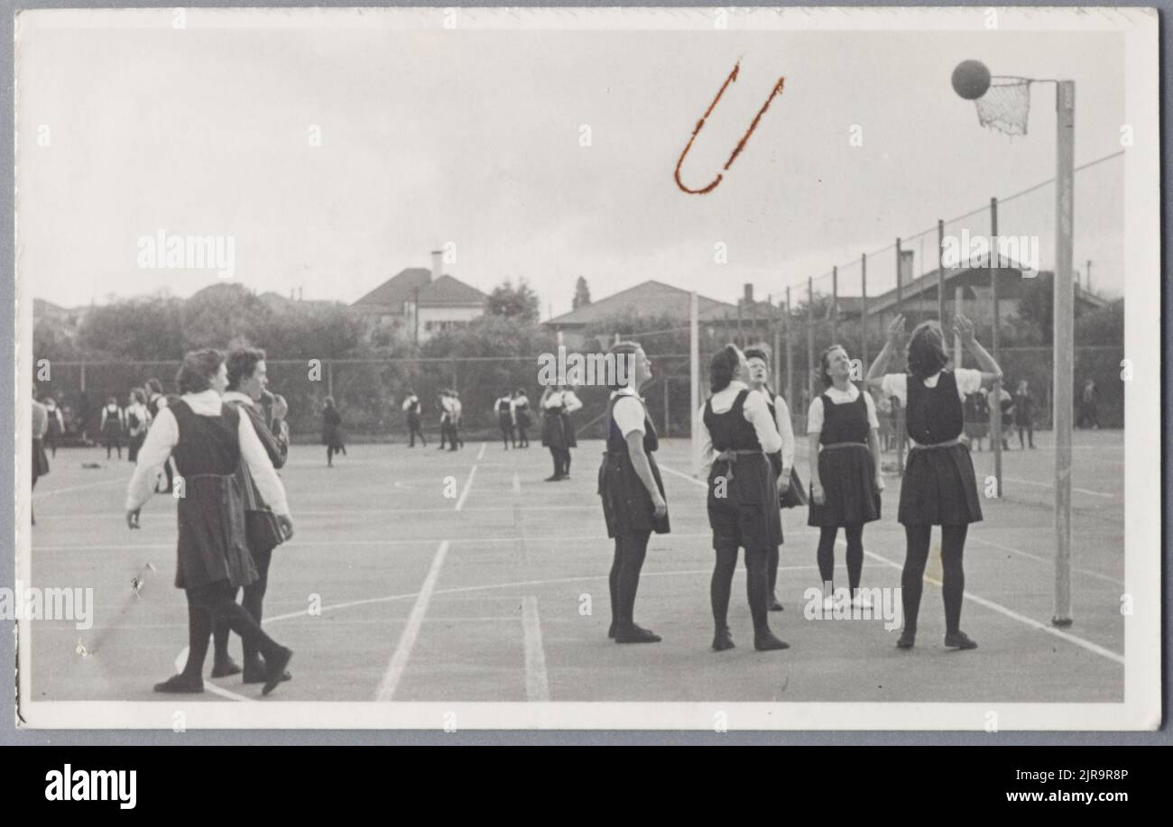 Scene from a netball encounter, Wellington, 1930s, Wellington, by Eric ...