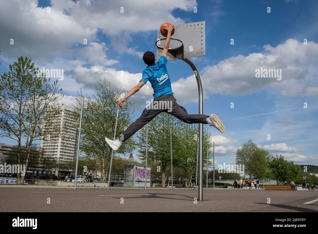 Rouen (Normandy, northern France): player on a basketball court on the ...