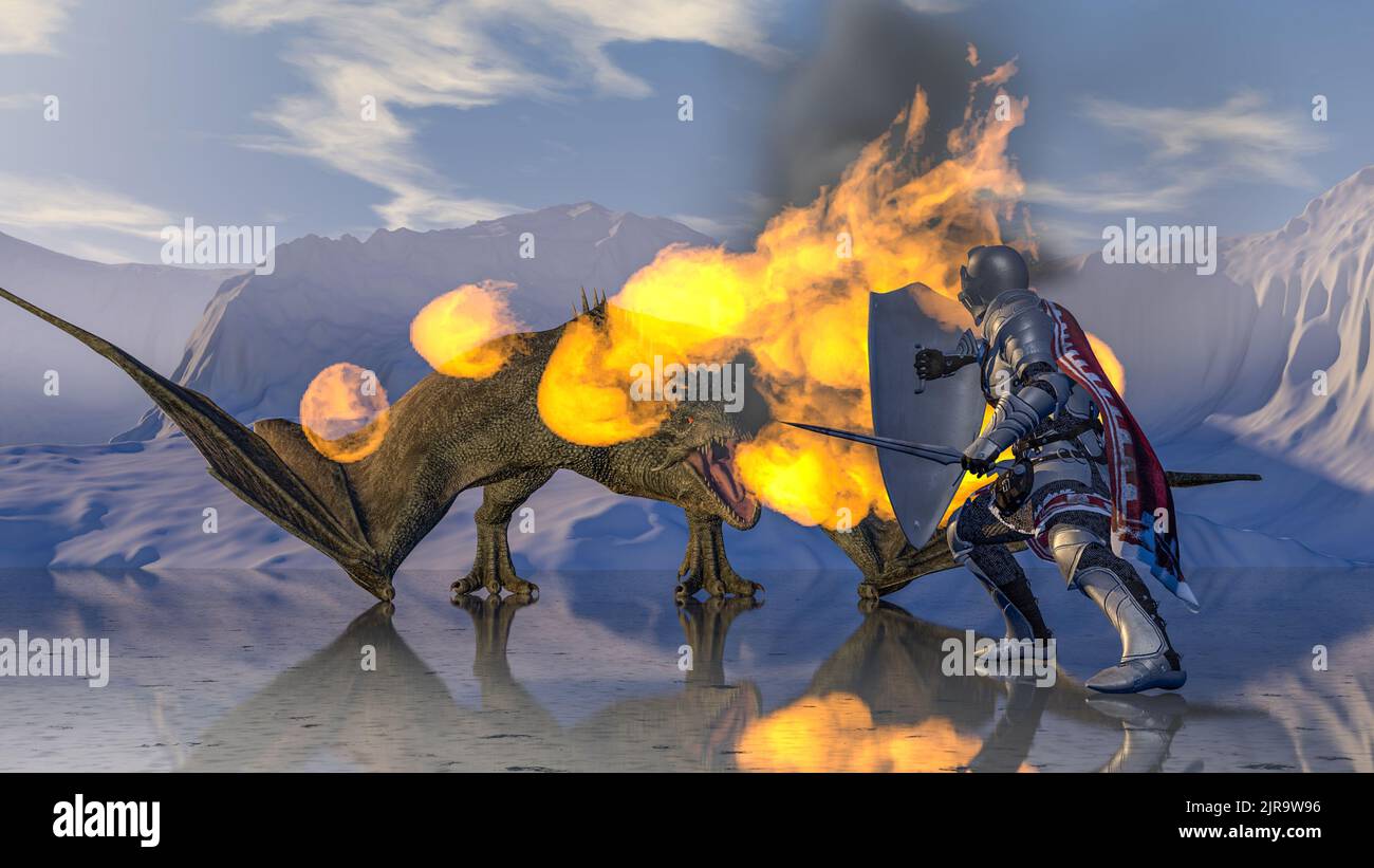 Medieval knight fights a fire-breathing dragon in the background of ...