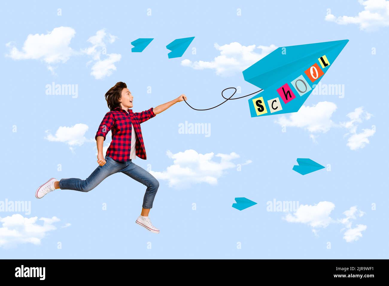 Composite collage picture of crazy overjoyed small boy hand hold rope ...