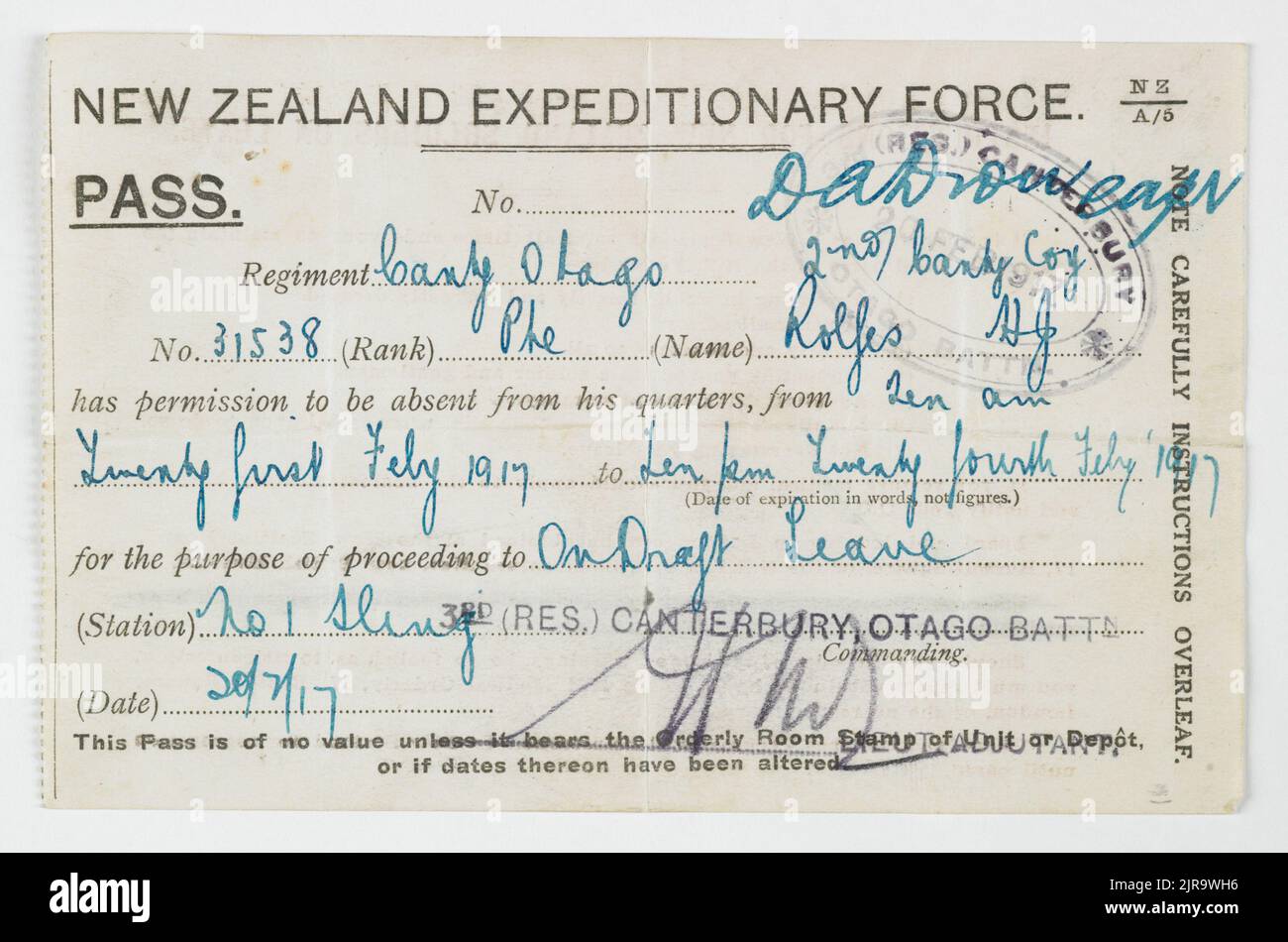 New Zealand Expeditionary Force Leave Pass, 1917, maker unknown. Gift ...