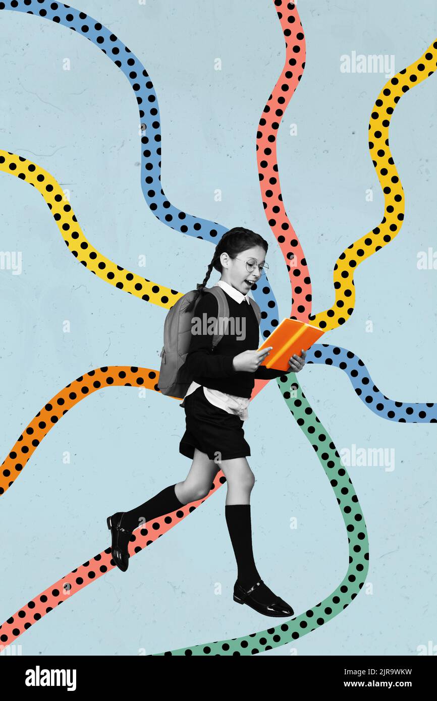 Collage artwork graphics picture of funny smiling little child reading ...