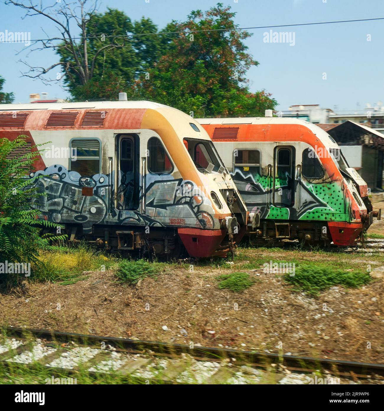 Abandoned trains, Thessaloniki, Macedonia, North-Eastern Greece Stock ...