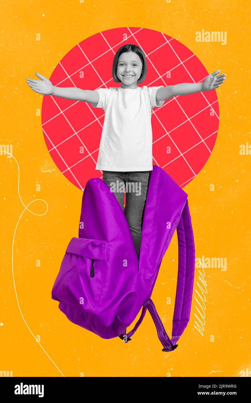 Vertical collage image of excited cheerful small girl black white gamma ...