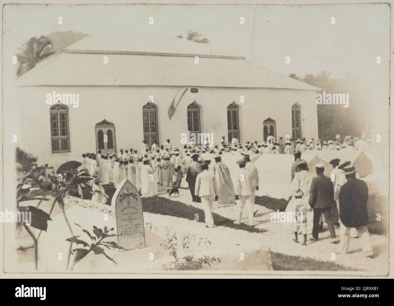 Ngatangiia church exterior with large congregation of Cook Islanders ...