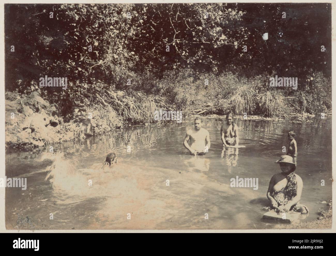 Cook Islanders swimming and doing laundry in a river. From the album ...