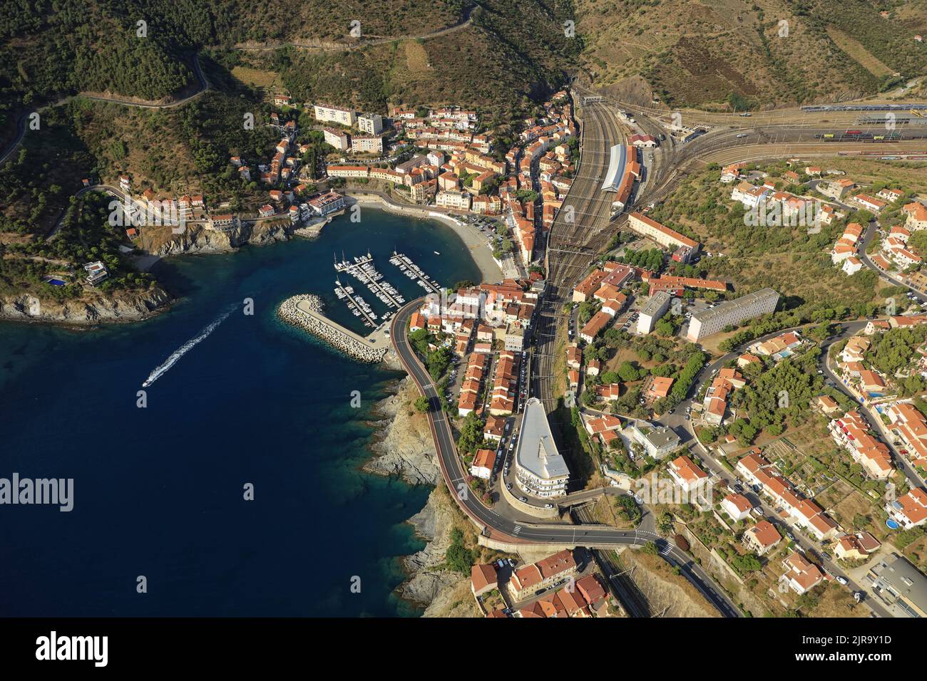 Cerbere (south of France): aerial view of the seaside resort along the ...