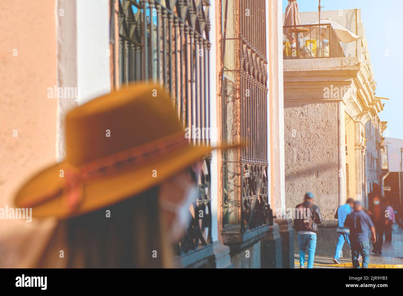Tourist woman walking on vacation in street, Arequipa, Peru. Selective ...