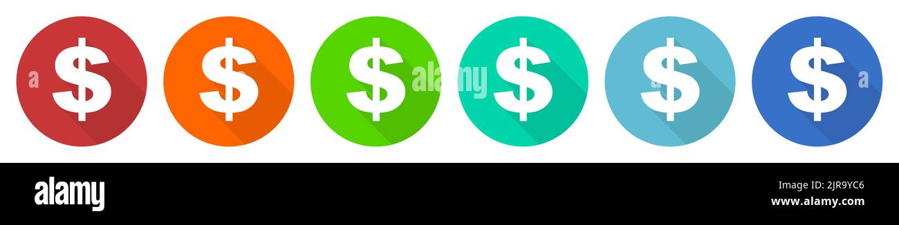 Dollar icon set, flat design vector illustration in 6 colors options ...