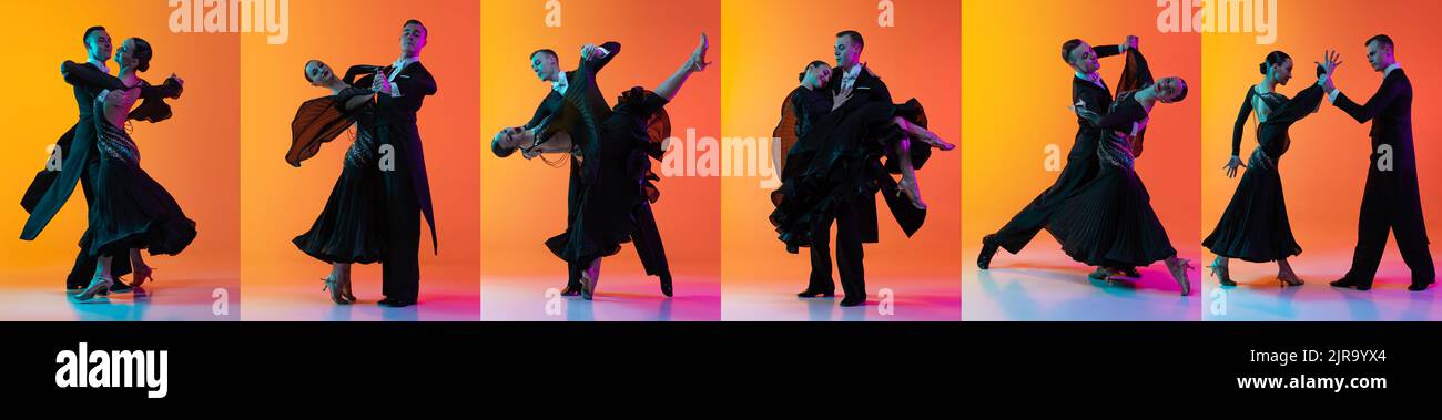 Collage with images of young dance ballroom couple in black stage ...