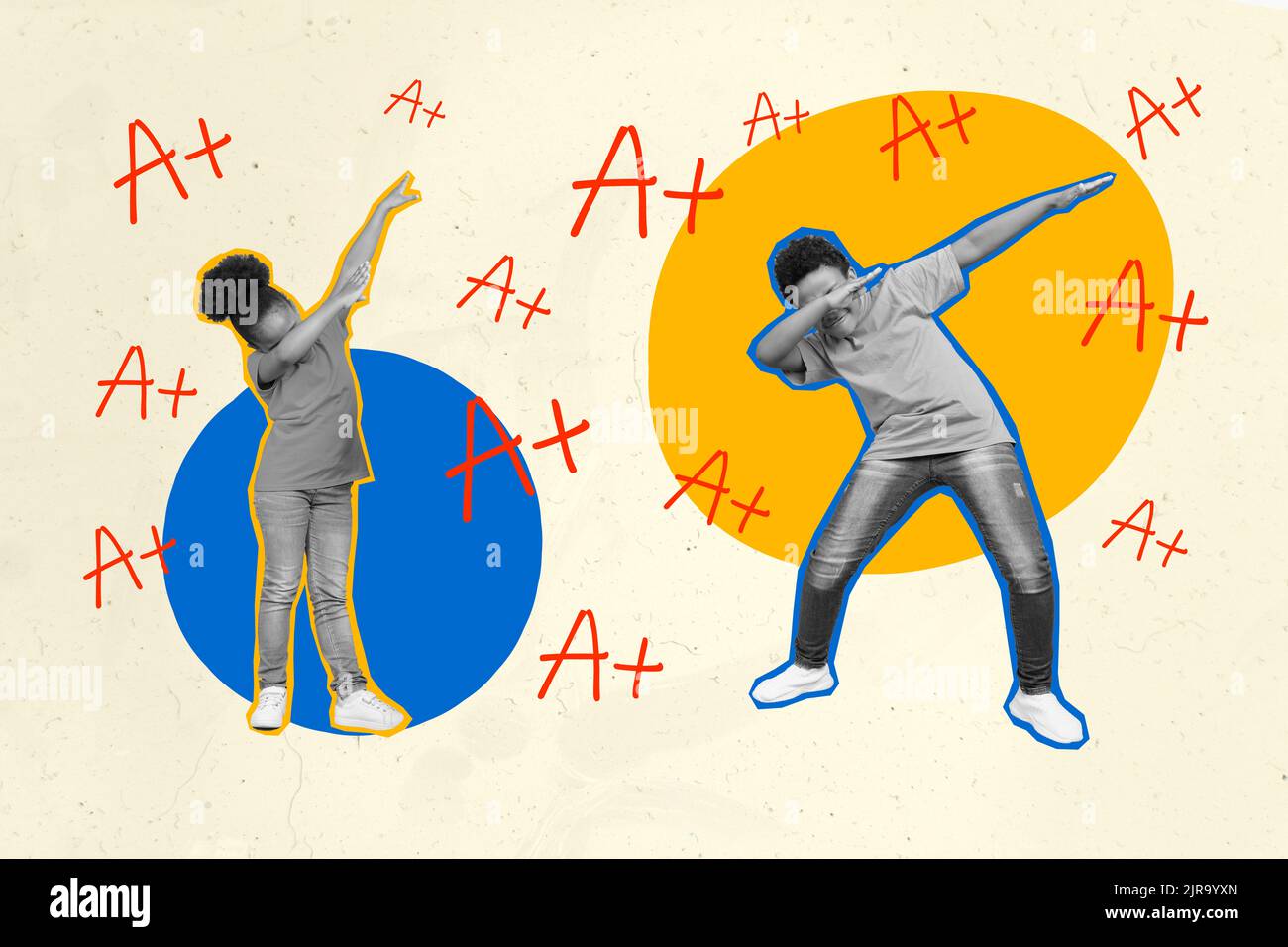 Composite collage image of two excited intelligent kids black white ...