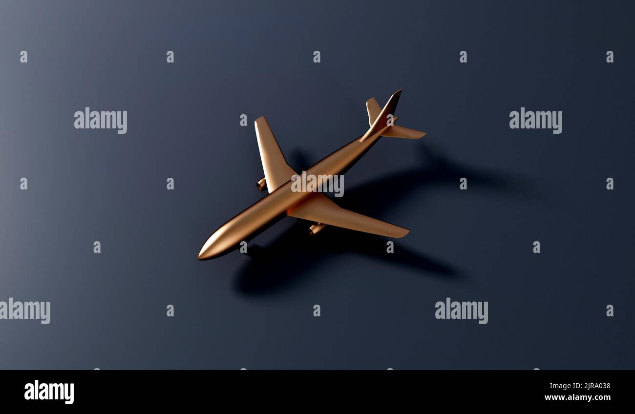 Luxury gold airplane against a dark background. VIP travel concept. 3D ...