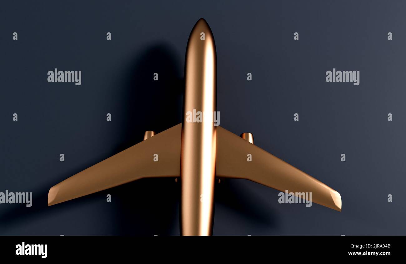 Luxury gold airplane against a dark background. VIP travel concept. 3D ...