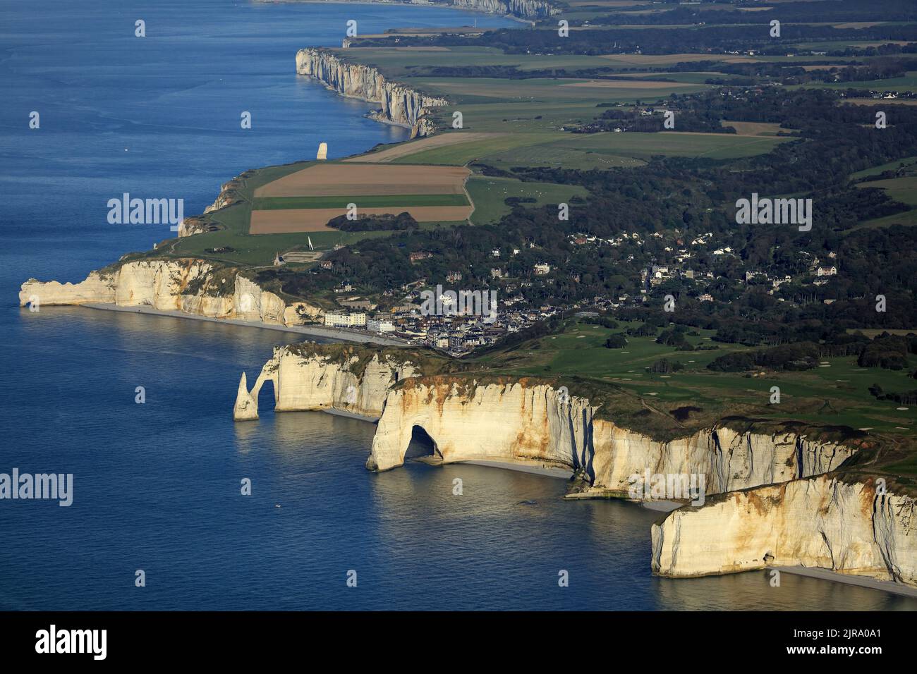 Etretat (Normandy, northern France): aerial view of the limestone ...