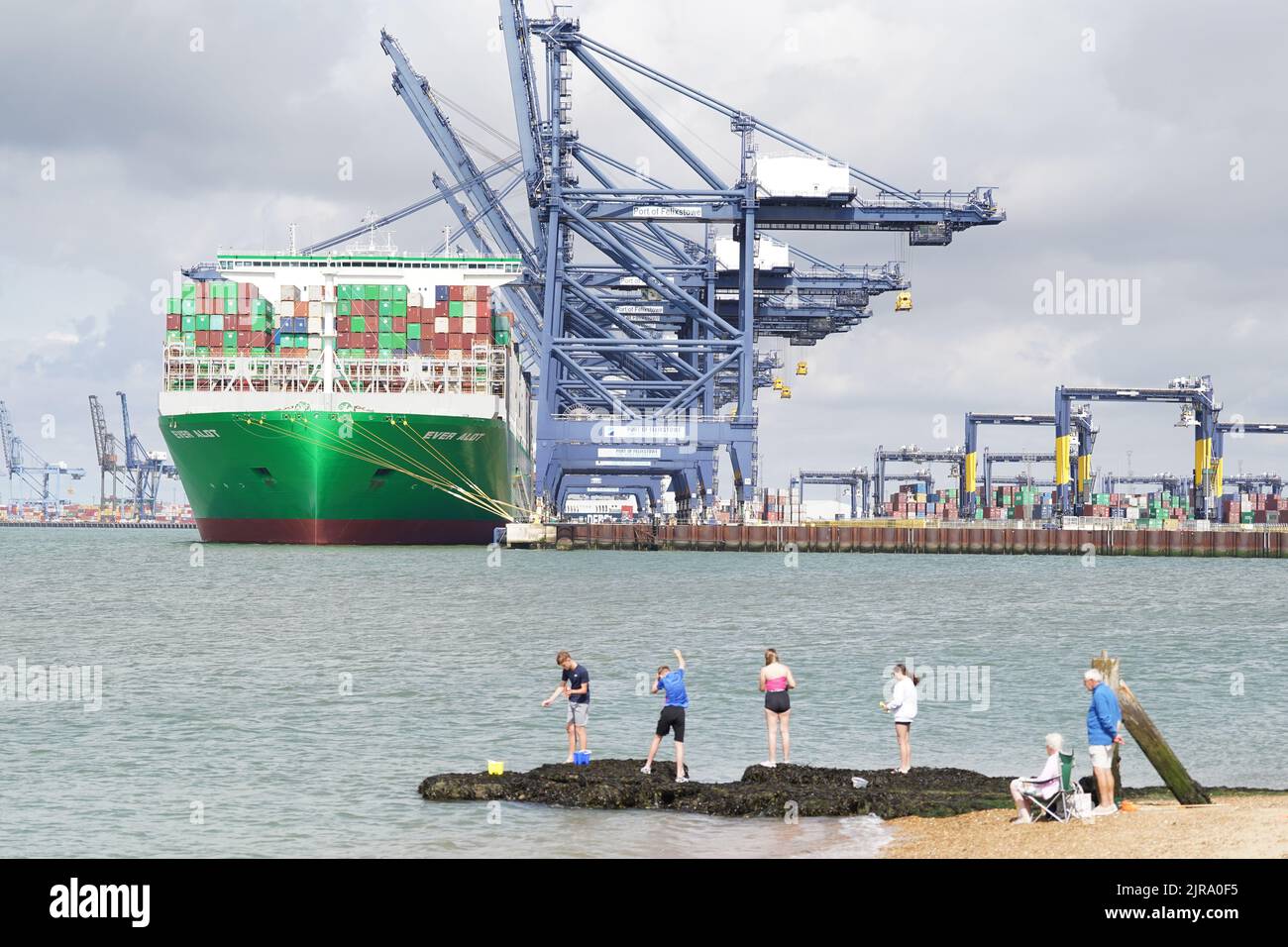 The Ever Alot docked at the Port of Felixstowe in Suffolk, as members ...