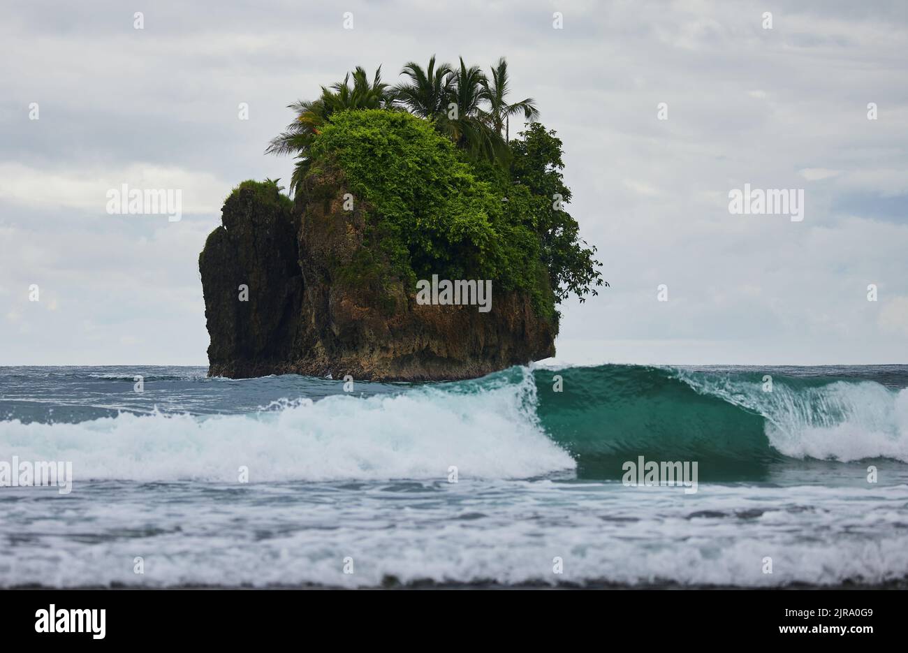 A cliff covered in greenery with Caribbean Sea waves crashing it in the ...