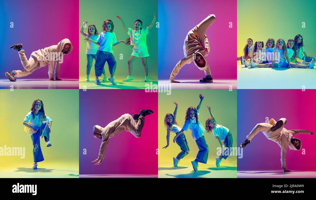 Group of children in sportive style clothes and man dancing hip-hop and ...